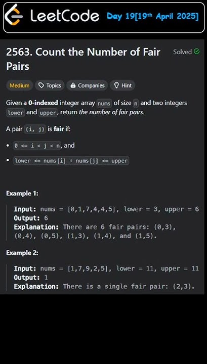 DAY 19/365 OF CODING CHALLENGE | COUNT THE NUMBER OF FAIR PAIRS - YouTube