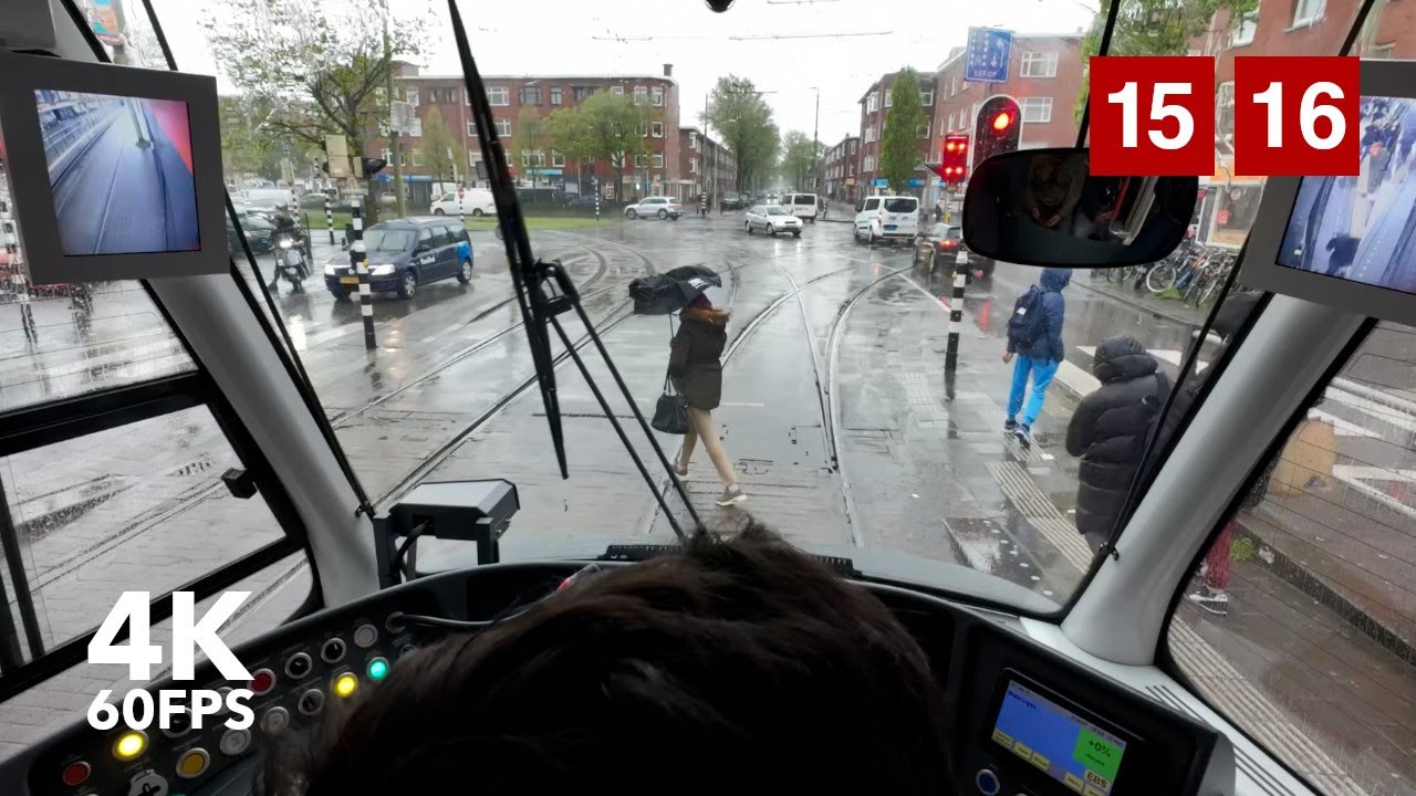 Heavy rain on the tracks | 🚊 HTM Line 15-16 | 🇳🇱 The Hague | 4K Tram ...