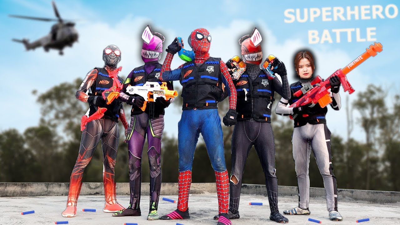 PRO 5 SUPERHERO TEAM #28 || Hey Spider-Man!!! Go To Trainning Nerf Gun ...