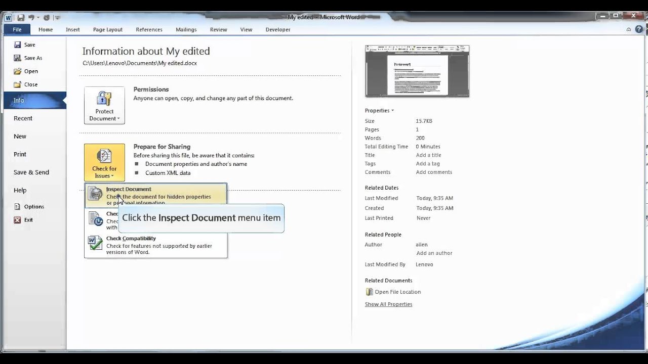 Ms Word 2010 How To Use Document Inspector Demo YouTube Ms Word 2010 How To Use Document Inspector Demo YouTube
