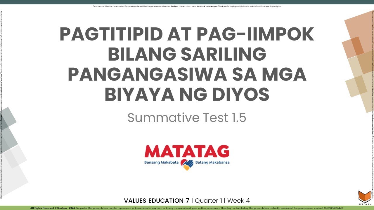 Values Education 7 - Q1 - Summative Test 5 - Pagtitipid at Pag-iimpok ...