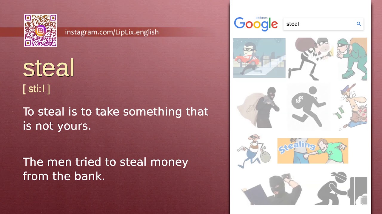 Steal : A2 level english vocabulary lesson, www.LipLix.com - YouTube