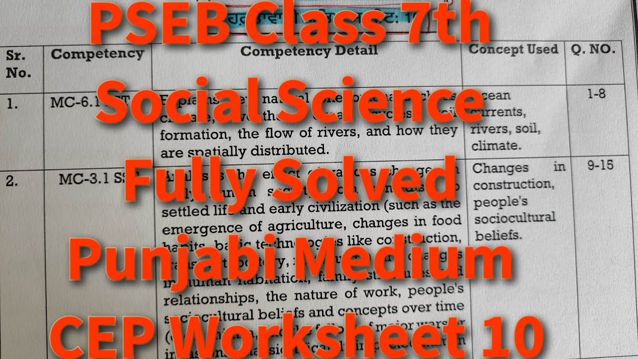 PSEB Class 7th Social Science Fully Solved Punjabi Medium CEP Worksheet ...