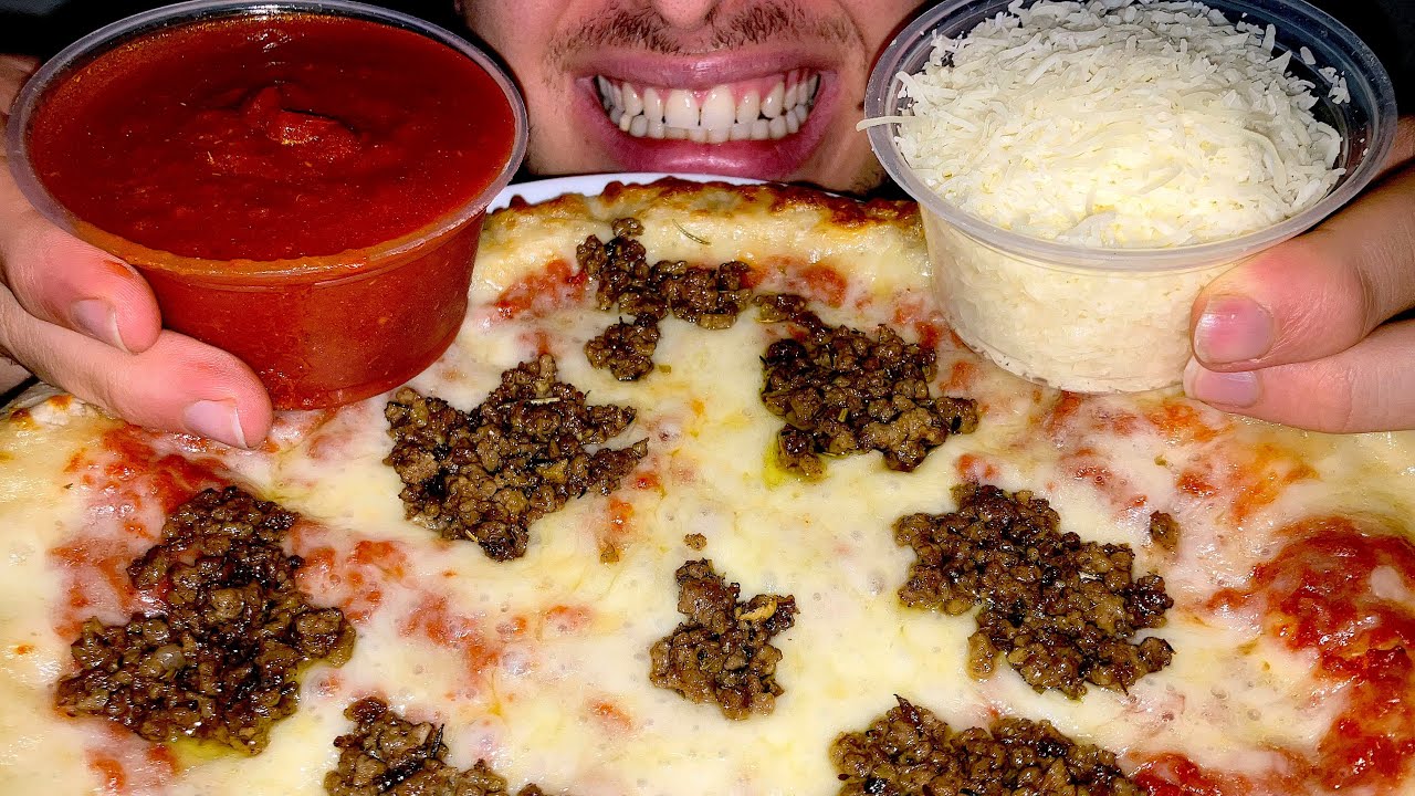 red sauce and shredded cheese atop mini meat pizza asmr mukbang 먹방 ...