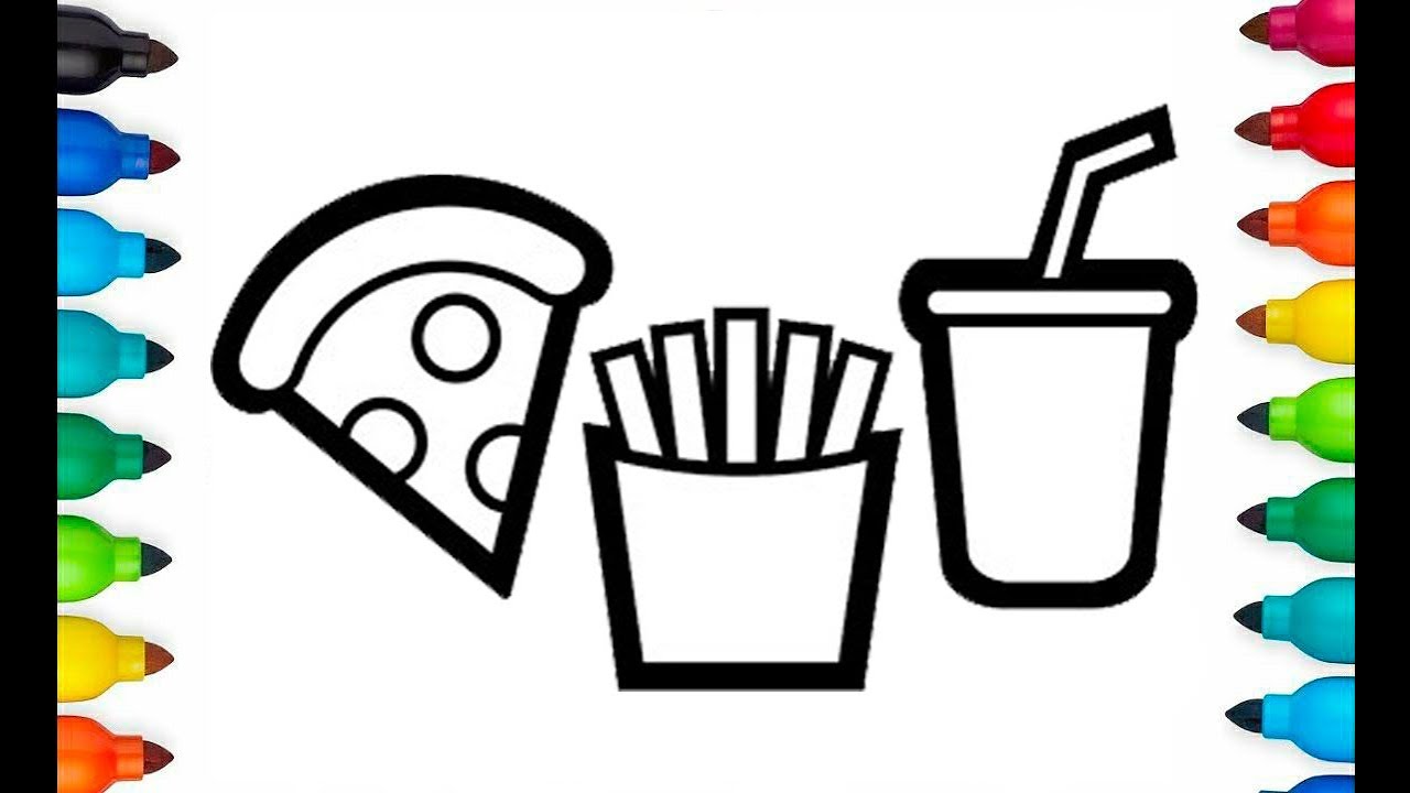 How to draw fast food / A slice of pizza, french fries and a soda ...