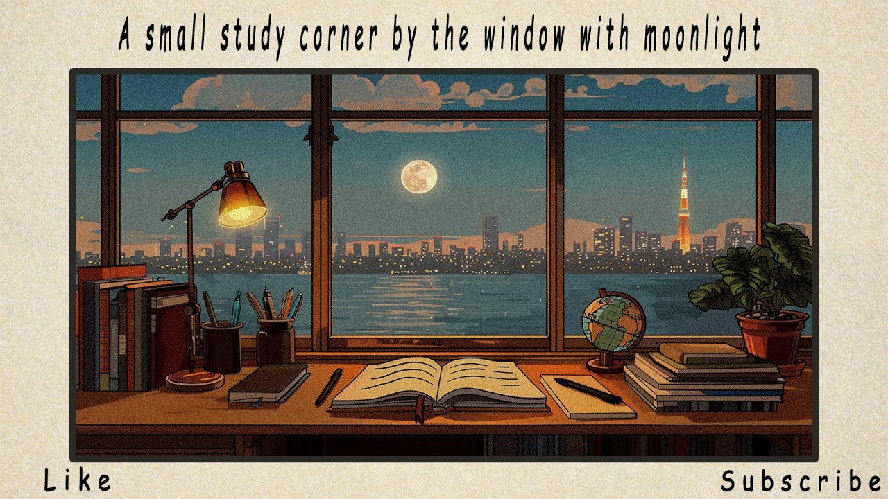 A small study corner by the window with moonlight 🌕 📚 Lofi beats for ...