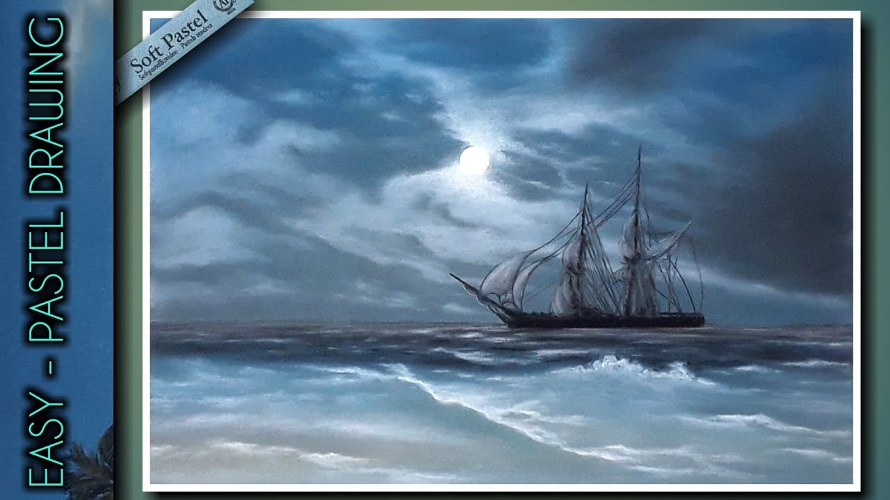 How To Draw Moon Night With Sea | Sea Boat Scenery Drawing | Soft ...