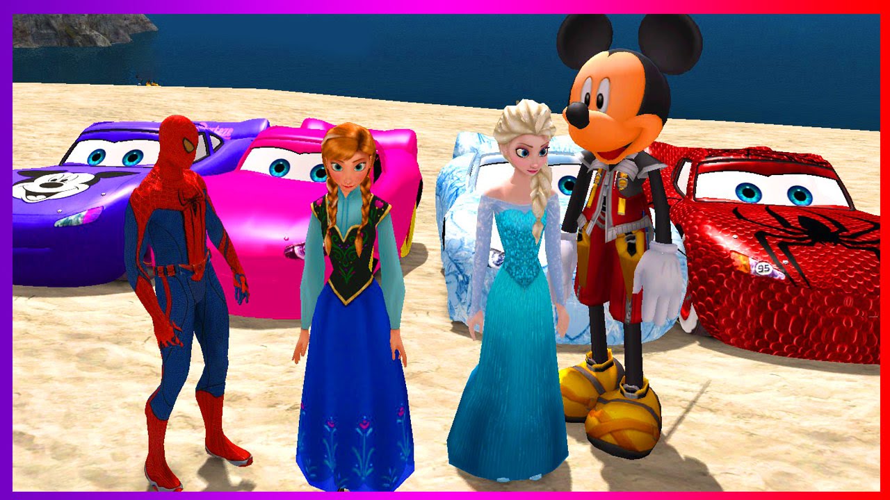 Disney Princess Elsa and Anna/ Cars Colors Lightning McQueen + Mickey ...