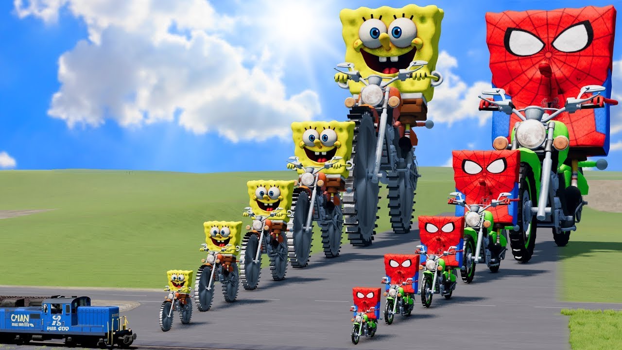 Big & Small SpongeBob on a motorcycle vs Choo-Choo Iron Man Train ...