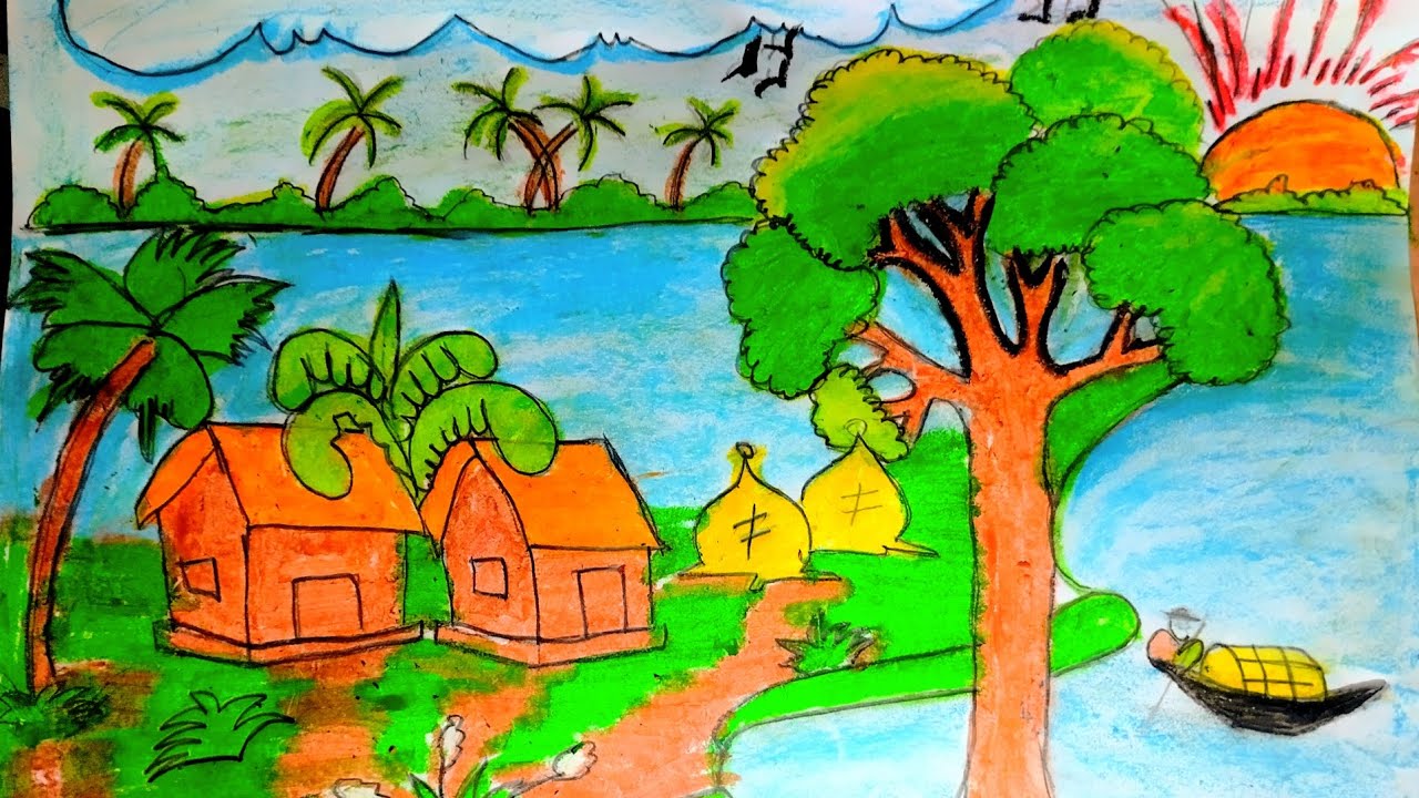 How to draw a village Summer season step by step | Summer season ...