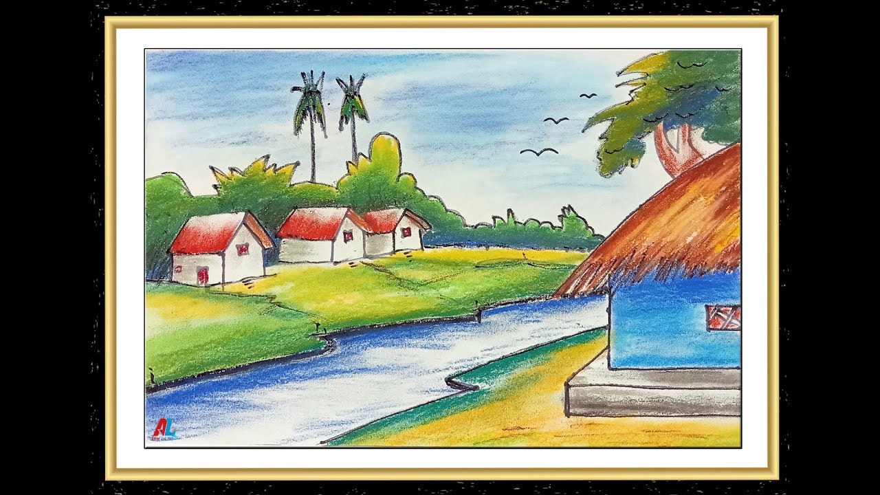 River side village scenery drawing step by step easy / landscape ...