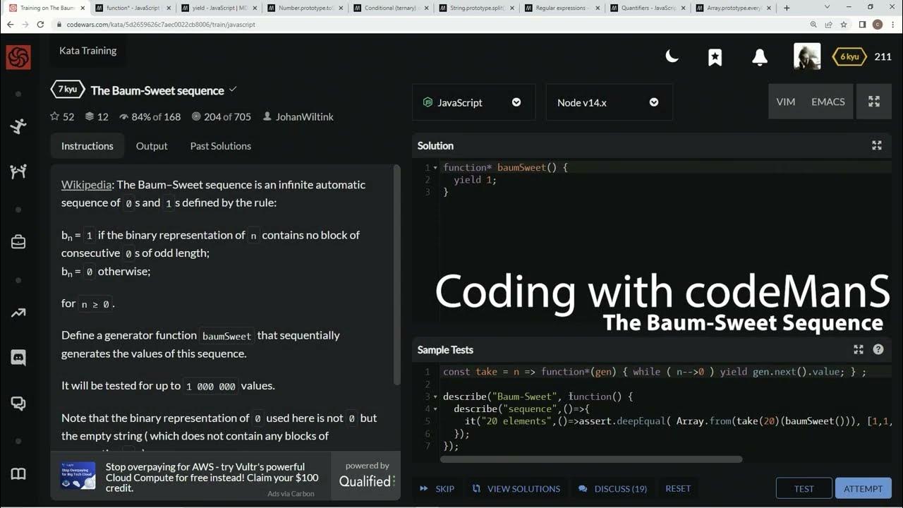 Codewars 7 kyu The Baum-Sweet Sequence JavaScript - YouTube