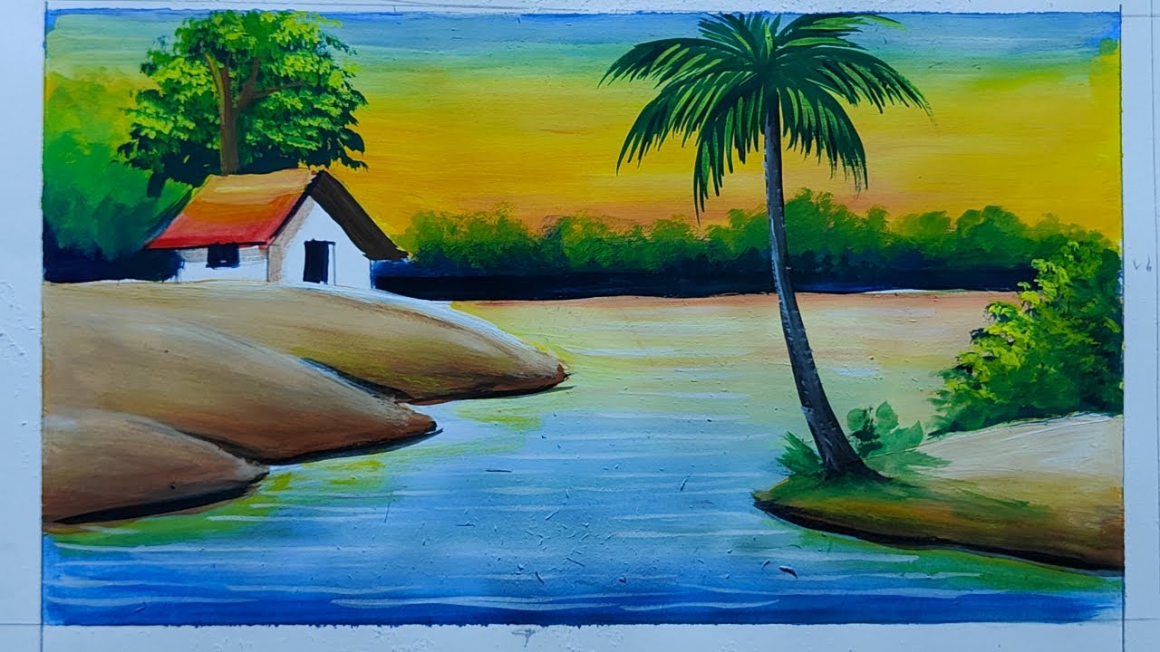 how to draw village scenery with poster color,easy poster color scenery ...