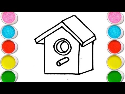 Birds house drawing painting and colouring for kids and beginners ...