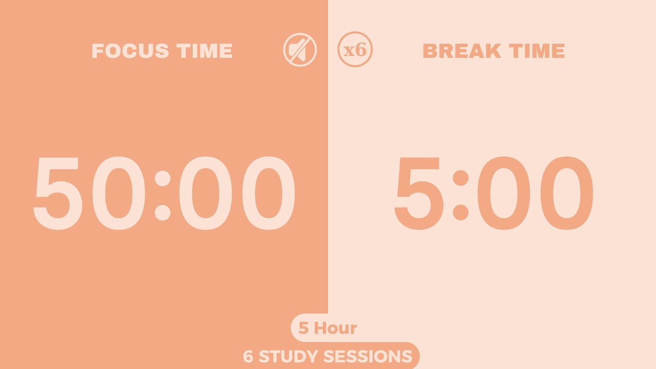 5-Hour 50/5 Pomodoro Timer (No Music) | 6 x 50min Deep Focus Sessions ...