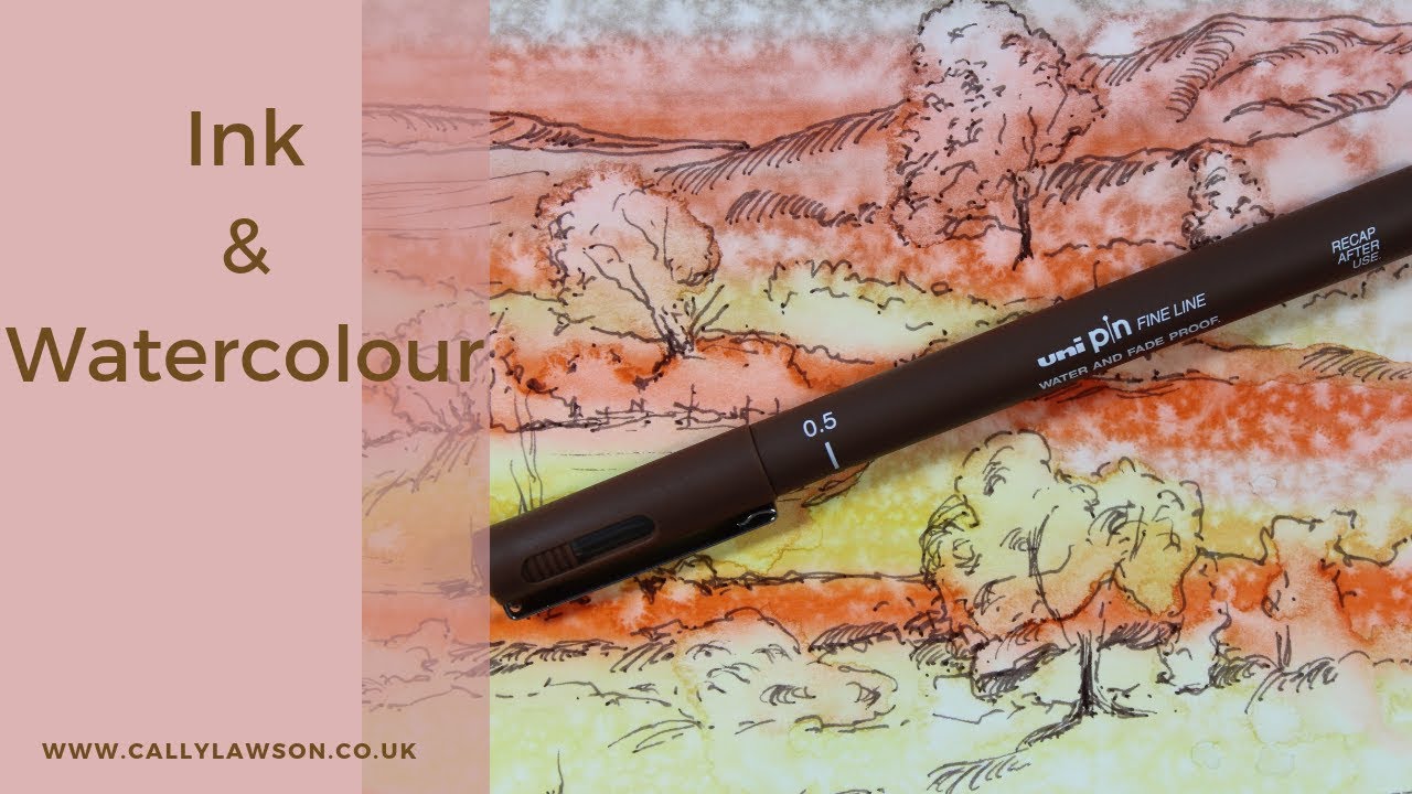 Watercolour and drawing pen, imaginary landscape painting wet in wet ...