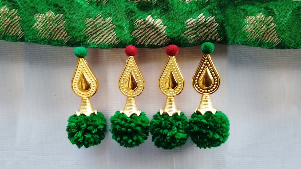 How to make saree kuchu with pom poms & beads l how to make saree kuchu ...
