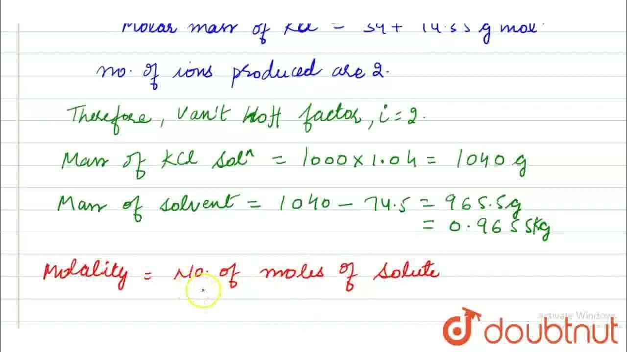 Calculate the boiling point of a 1M aqueous solution (density 1.04 g Ml^(-1)) of Potassium chlor ...