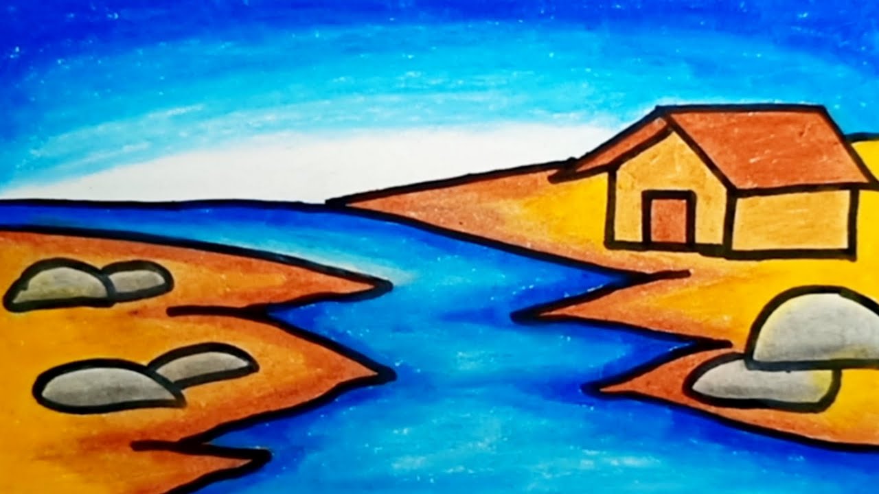 How To Draw River Scenery Easy For Kids |Drawing River Scenery Step By ...