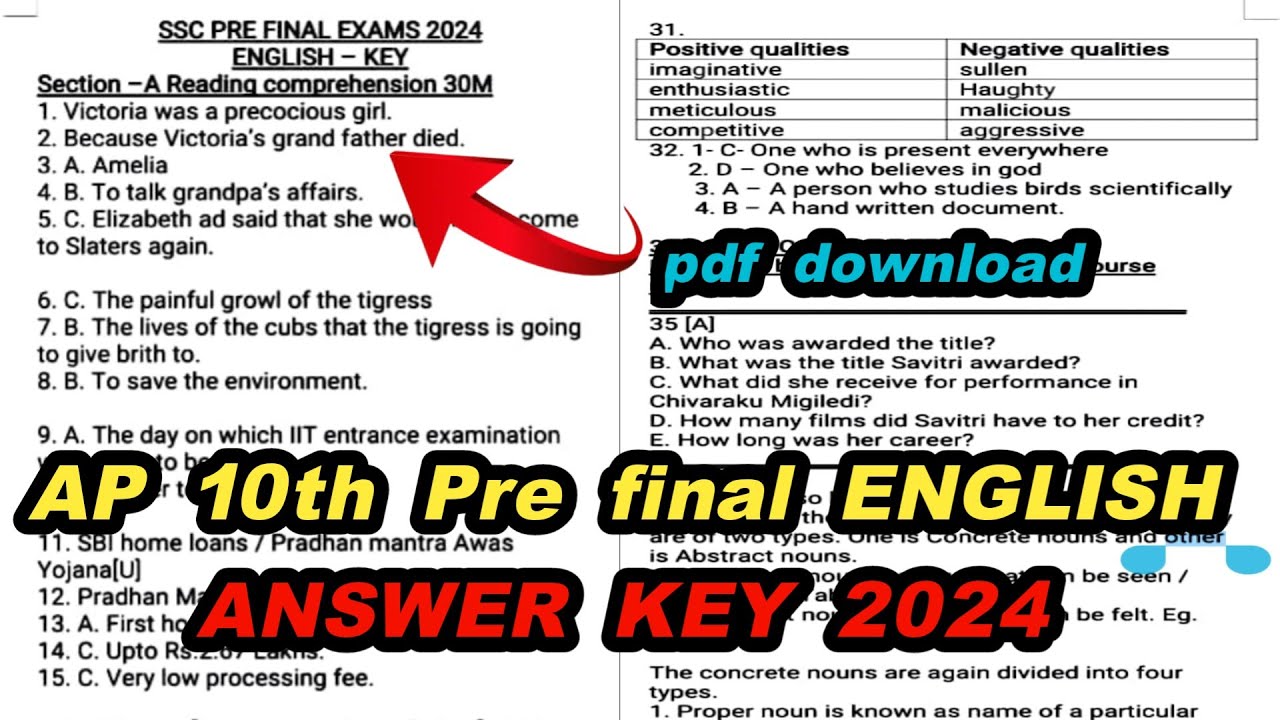 AP 10th ENGLISH pre final answer key 2024||10th ENGLISH pre final answer key 2024|| PRE FINAL ...