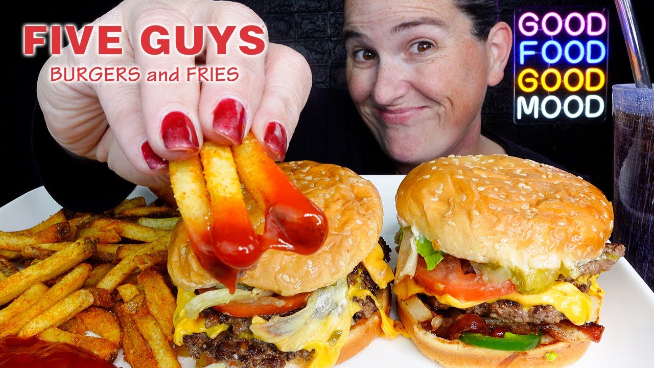 ASMR | FIVE GUYS | FULLY LOADED BURGERS & CAJUN FRIES | #asmr #mukbang ...