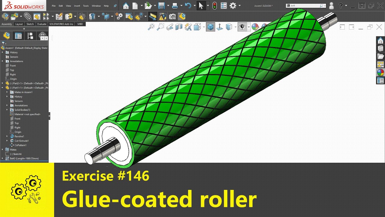 Exercise #146 creating a glue coated roller in solidworks - YouTube
