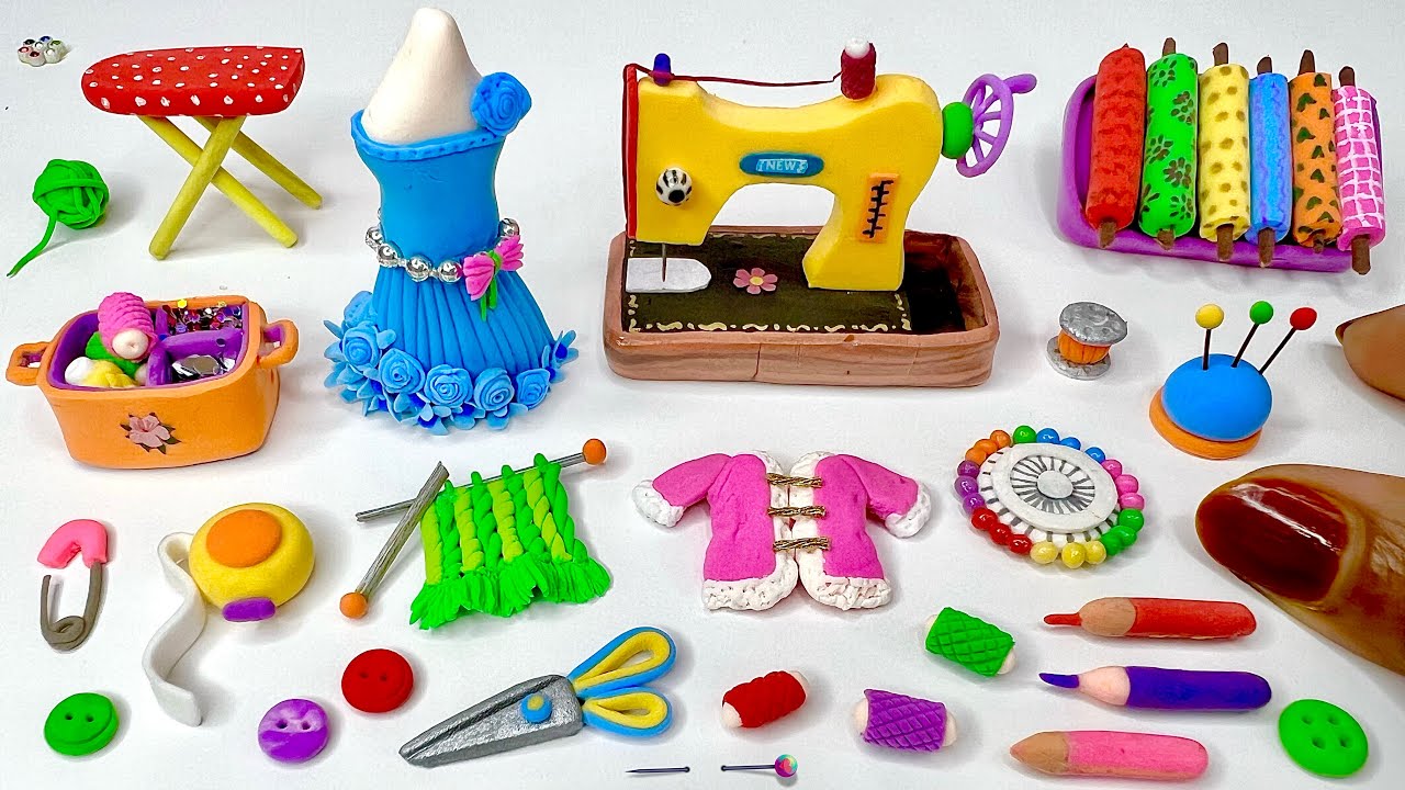 DIY How To Make Polymer Clay Miniature Sewing Machine Set | Doll dress ...