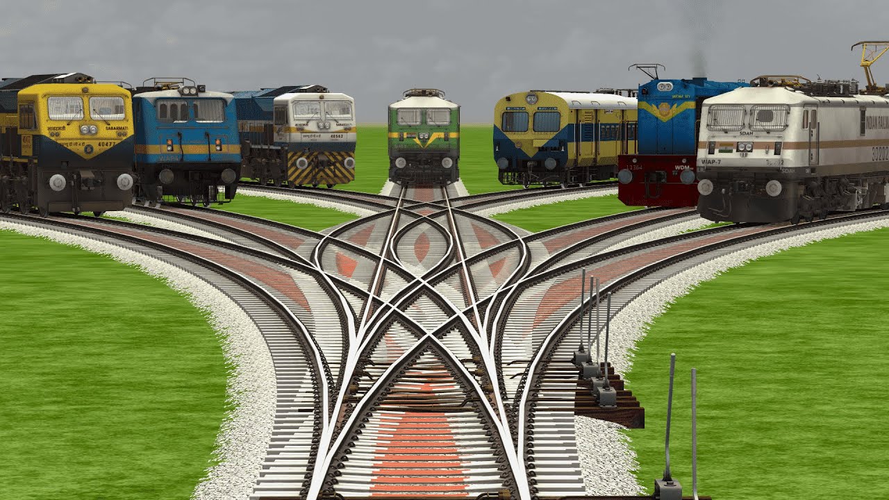 7 TRAINS RUN AT SINGLE BRANCHED FORKED 3D ANIMATED RAILROAD TRACKS ...