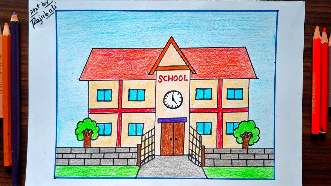 school drawing easy for beginners||school drawing||school Scenery ...