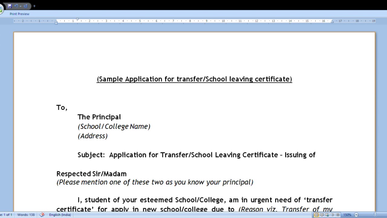 How to write Application for School Leaving Certificate/Transfer Certificate/ T.C. /Application ...