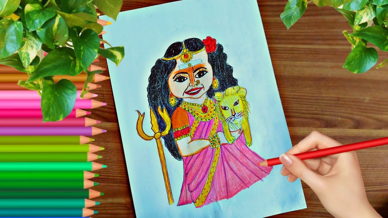 cute little Durga Mata Drawing for beginners 😍painting of little Durga ...