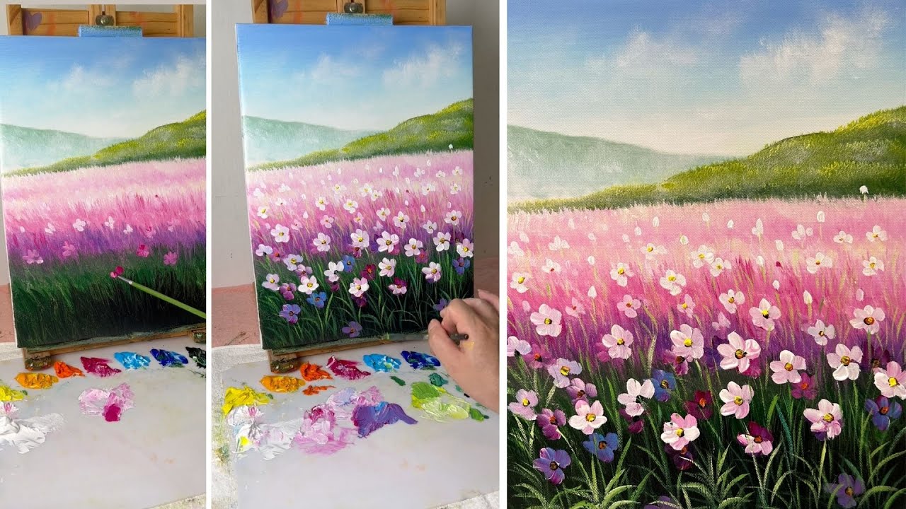 How to Paint a Dreamy Pink Wildflower Field | Acrylic Painting Tutorial ...