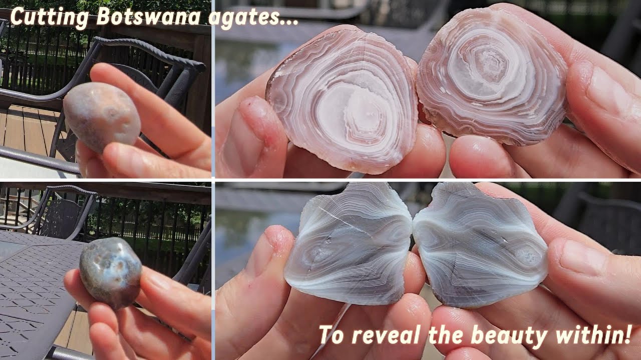 Botswana Agates - Normal Rocks with Hidden Beauty - Cut open on a tile ...
