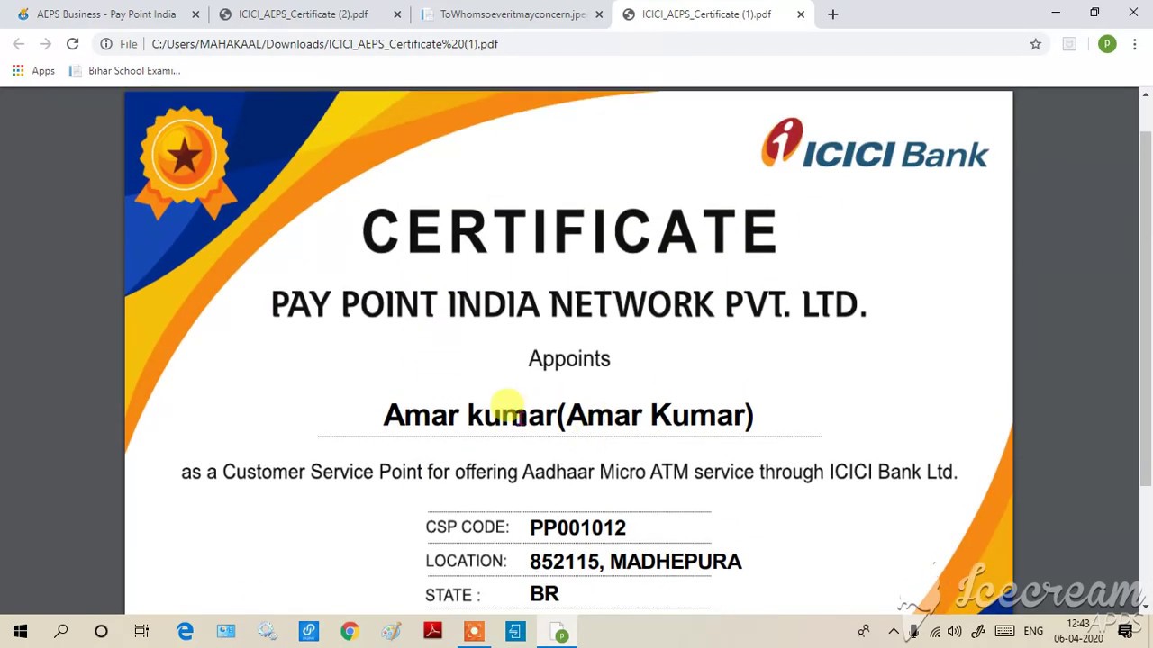 #PAYPOINT_KA_CERTIFICATE_DOWNLOAD_ICICI _BANK_AEPS_LETTER papoint aeps ...