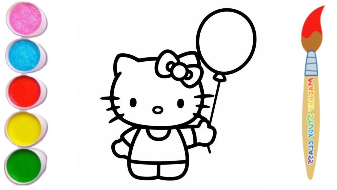 Hello Kitty with One Helium Balloon Easy Drawing, Colouring & Painting ...