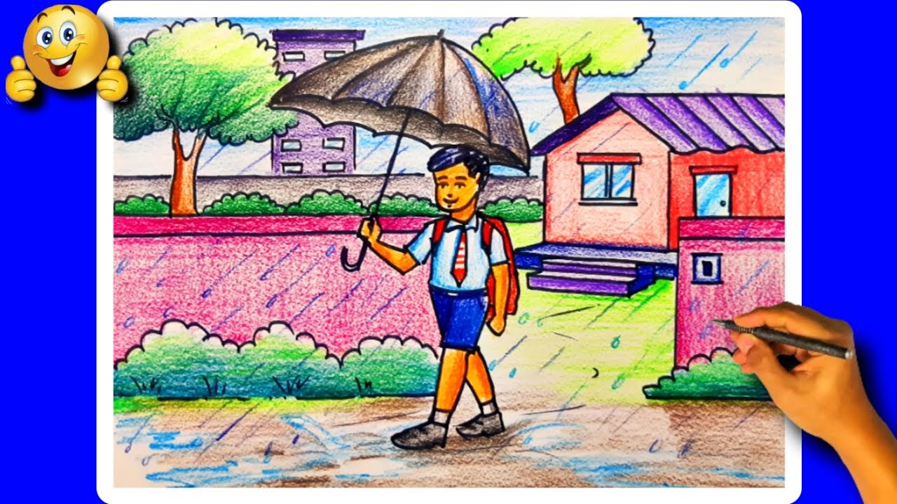 rainy day drawing/ rainy season drawing with colour pencils/ memory ...