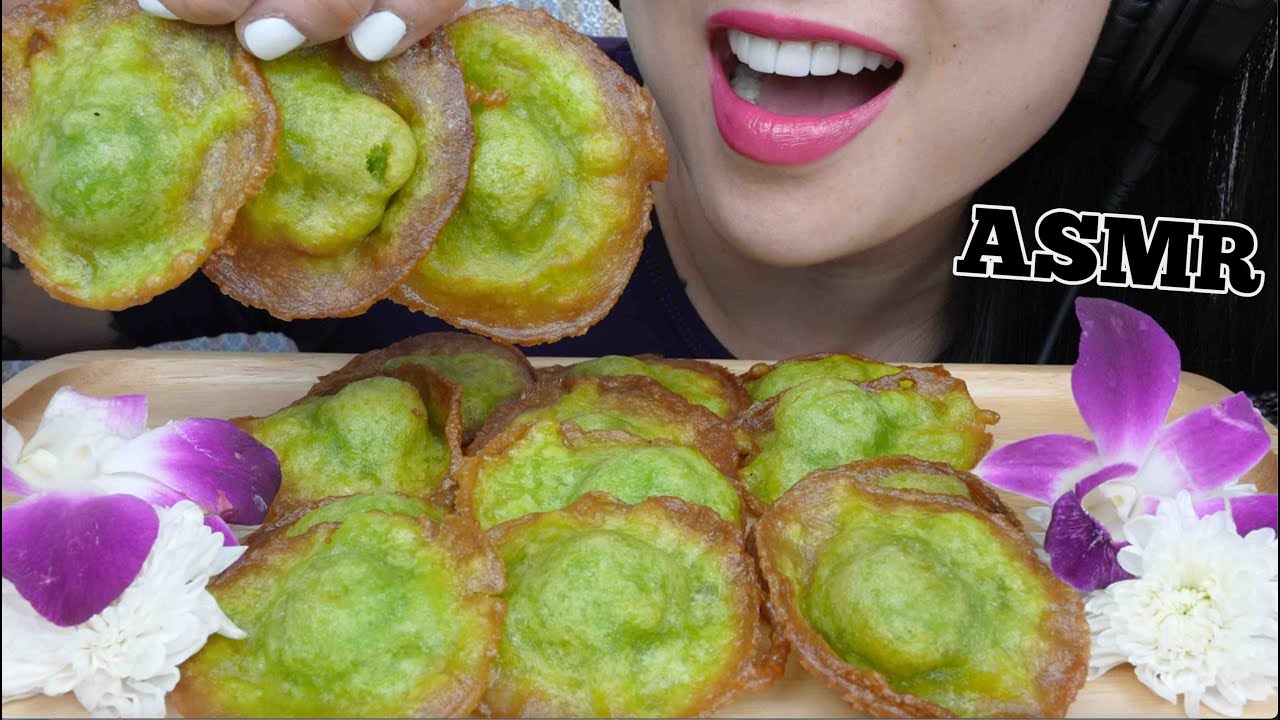 ASMR THAI DESSERT *FRIED PANDAN LOTUS CAKE (SATISFYING CRUNCHY EATING ...