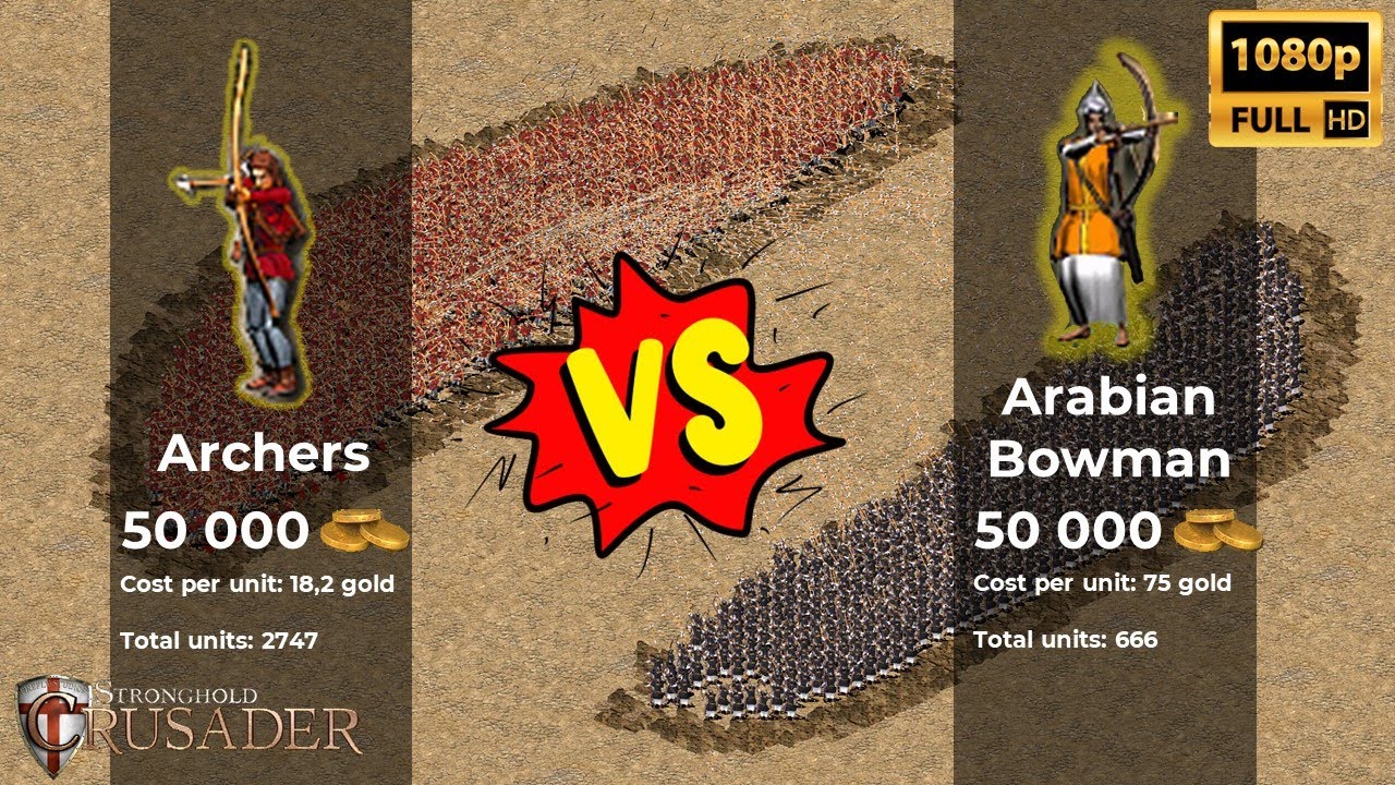 50000 gold Archers vs 50000 gold Arabian Bowman - Stronghold Crusader HD #comparison - YouTube