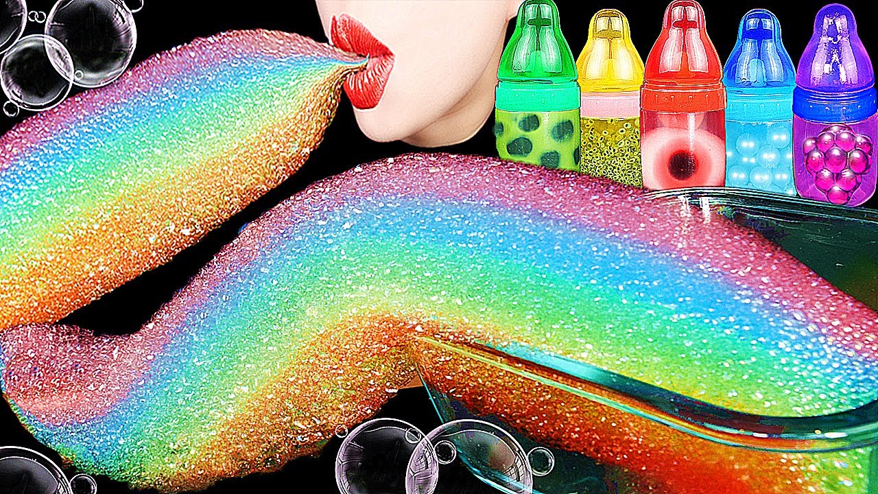 ASMR RAINBOW DRINKS *GIANT RAINBOW EDIBLE BUBBLES, HOW TO MAKE EIDBLE BUBBLES, BOBA TEA, FROG ...