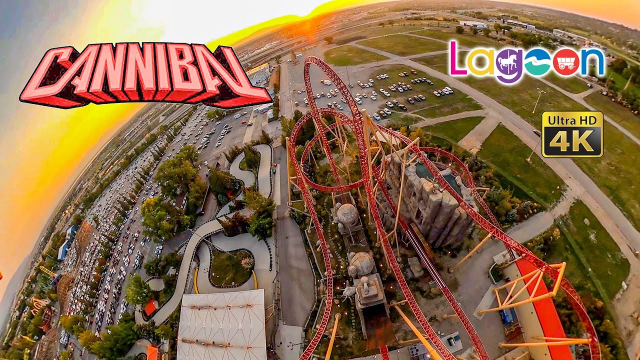 Cannibal Roller Coaster at Sunset On Ride Front Seat Ultra HD 4K POV ...