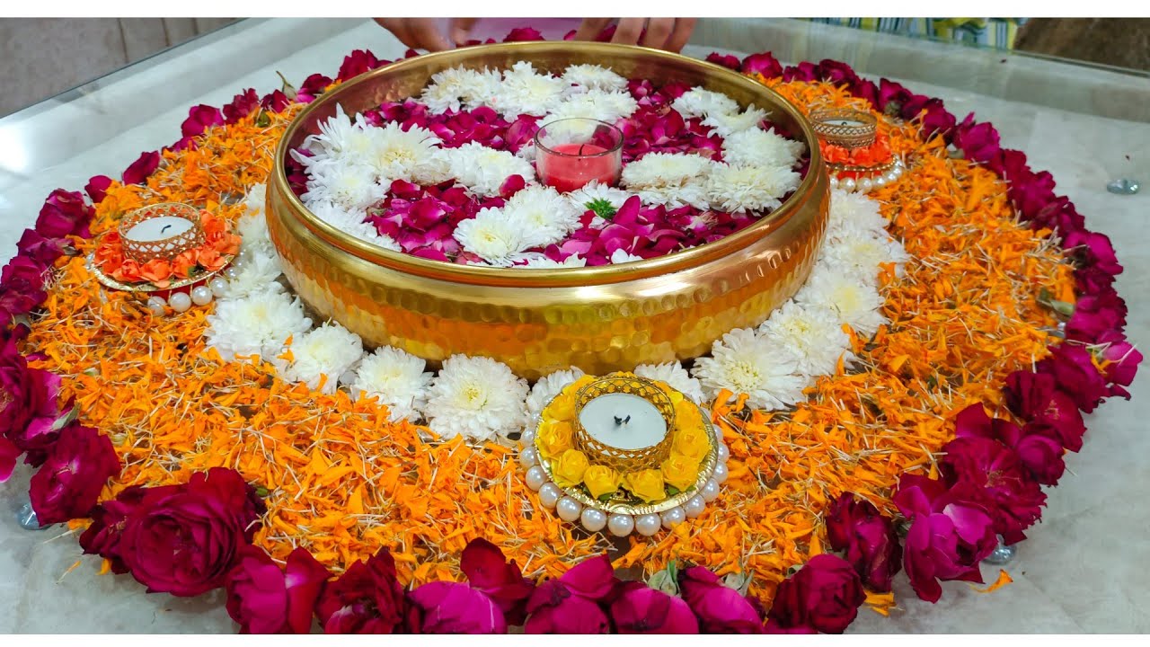 Urli decoration idea | Flower rangoli design | diwali decoration idea ...