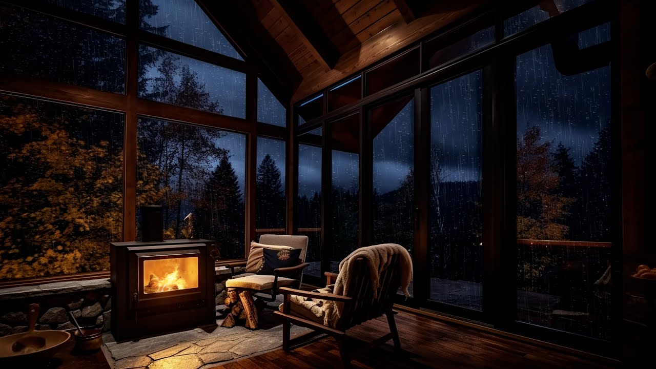3 Hours | Fireplace And Rain For Relaxing Evening Ambience | Peaceful ...