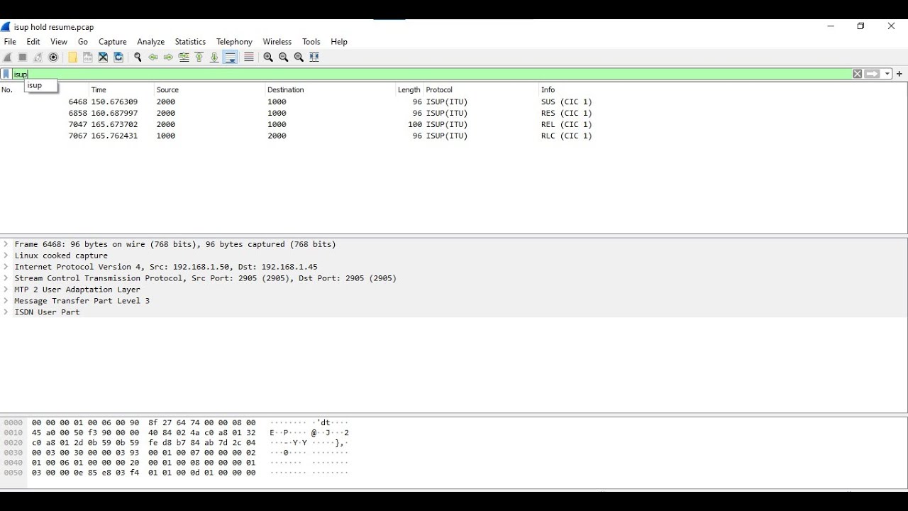 ISUP SUSPEND RESUME flow with message byte by byte discussion with ...