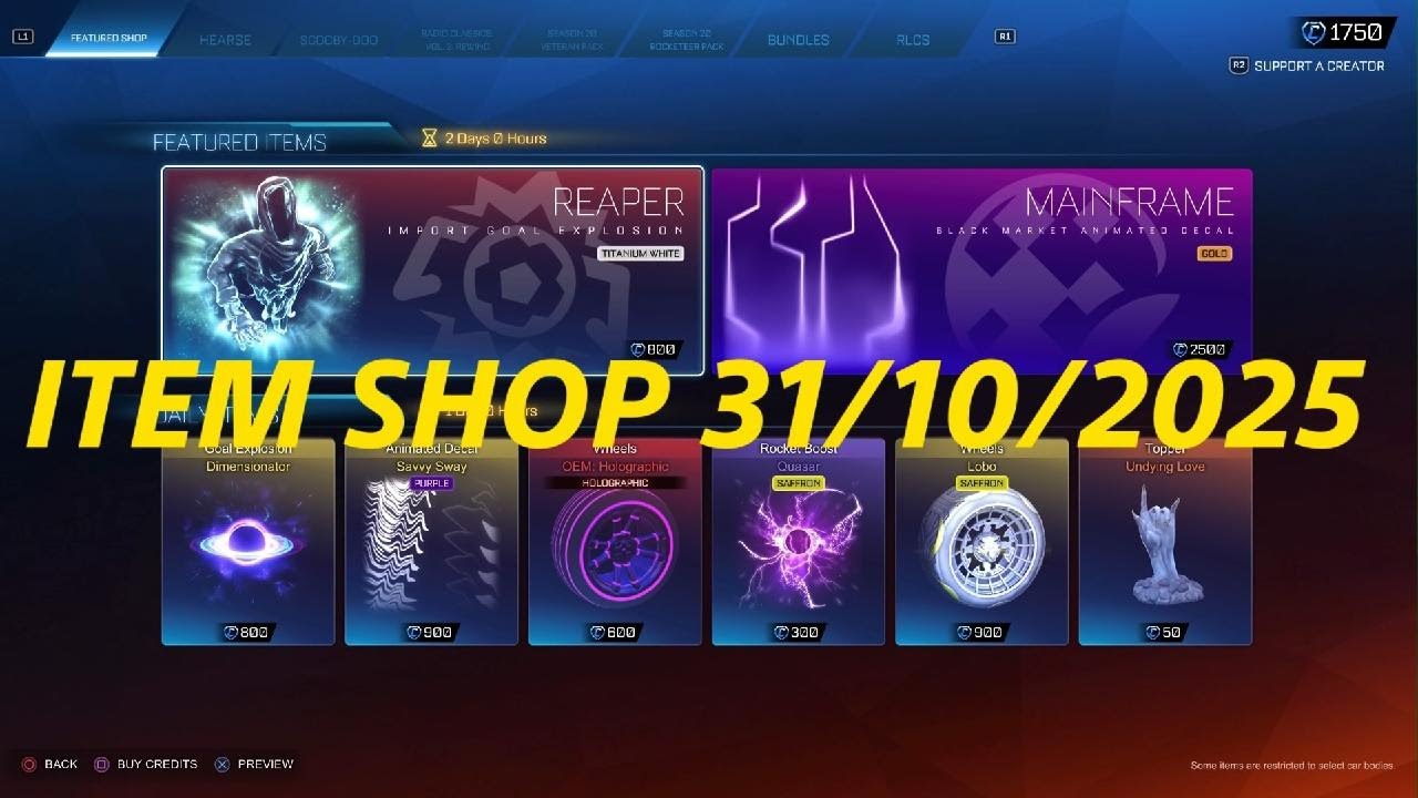 Rocket League ITEM SHOP today 31/10/2025 - TW REAPER / GOLD MAINFRAME ...