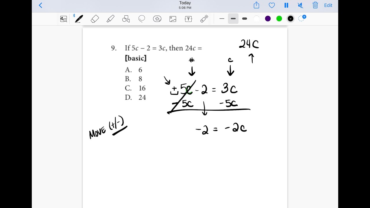 TSI MATH TEST - If 5c - 2 = 3c, then 24c = if 5c minus 2 equals 3c then ...
