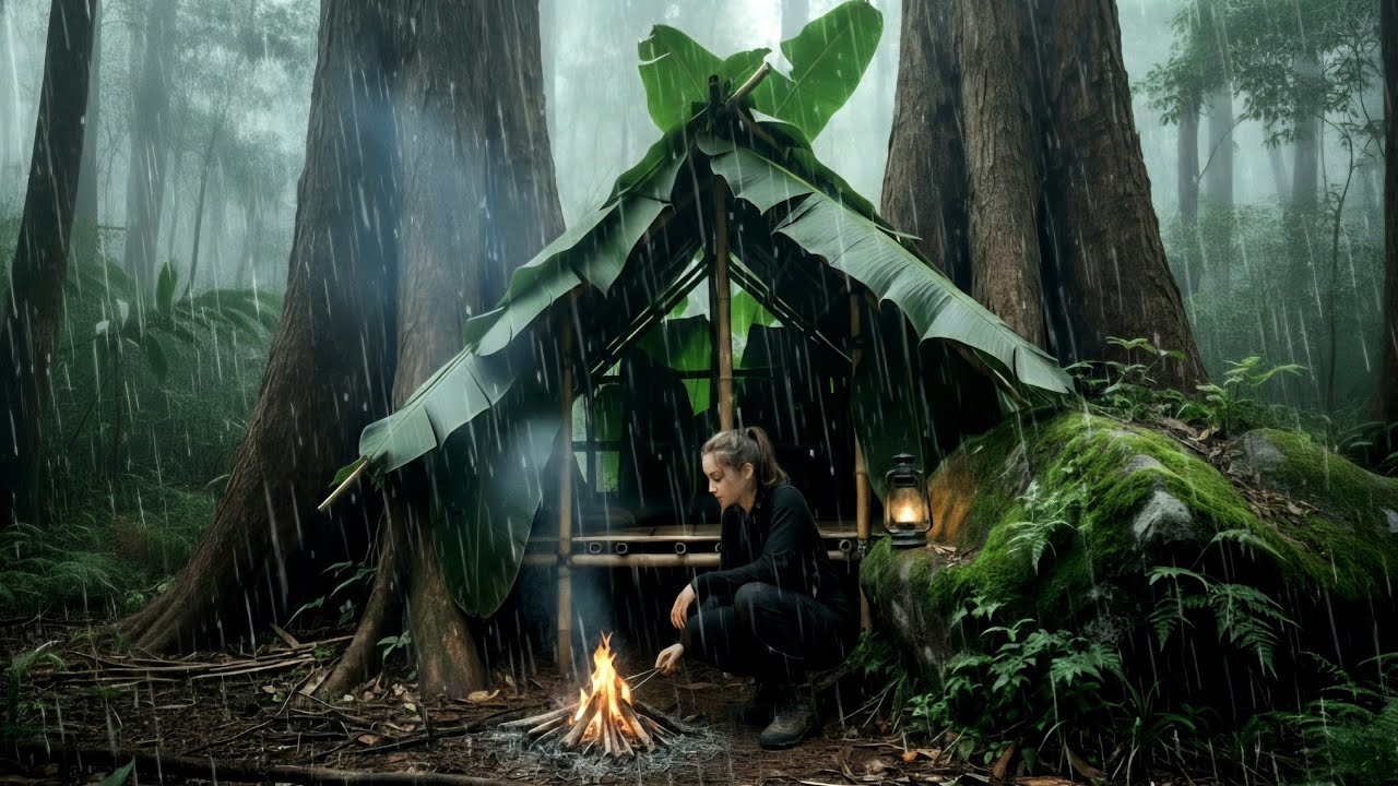 Build a shelter under two trees/Hide from the rain alone in the woods ...