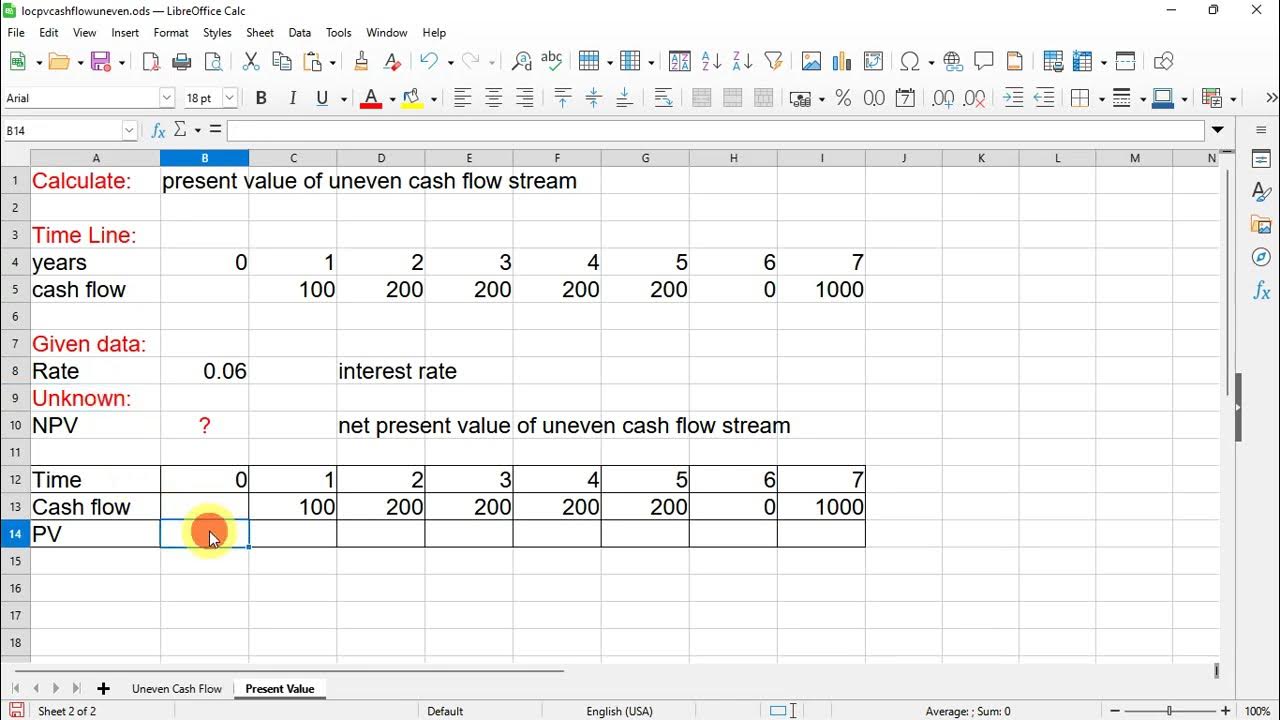 LibreOffice Calc: present value of uneven cash flow #cashflow # ...