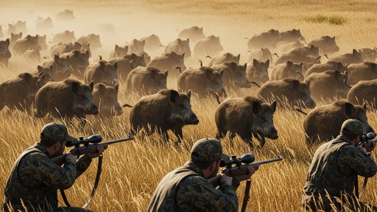 Ambushing Wild Boars on the Grasslands: Perfect Shots Take Down an ...