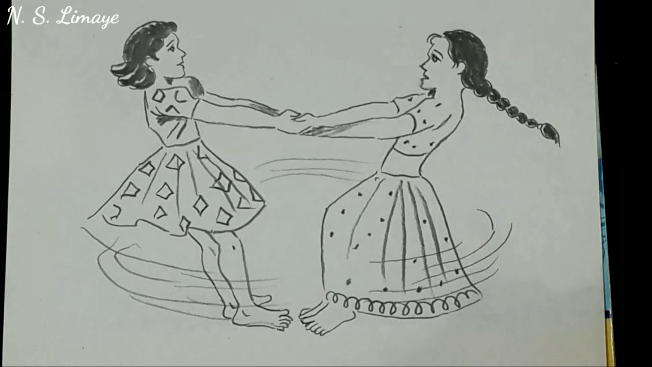 How To Draw Sisters Playing Fugdi | Step By Step In Easy Way For ...