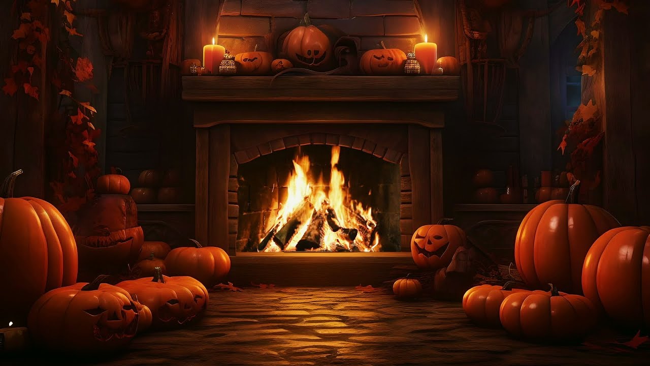Relaxing Halloween Ambience with Fireplace, Relaxing Rain, Thunder ...
